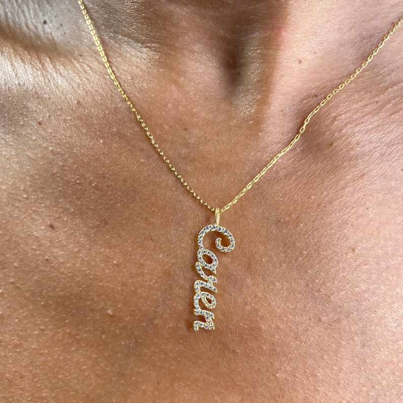 Diamond Name Necklace / 14k Personalized Diamond Vertical Name - Etsy