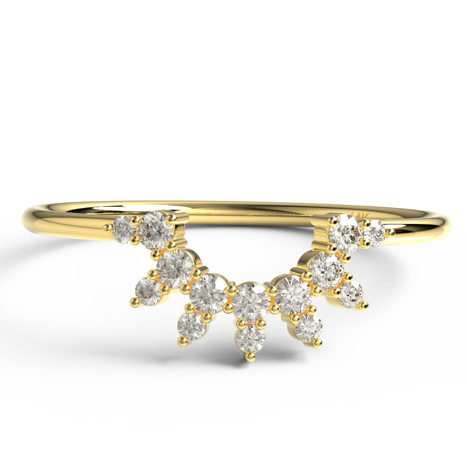 Curved Diamond Wedding Ring / 14k Gold Curved Diamond Wedding | Etsy