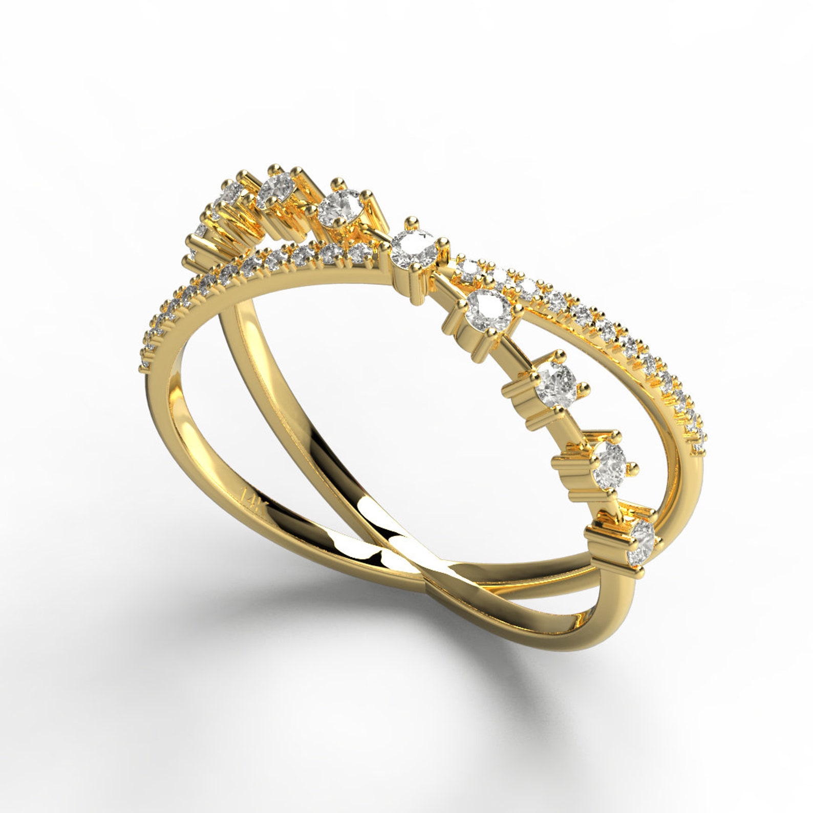 Diamond Criss Cross Ring / 14k Gold Diamond X Ring / Diamond Cris Cross ...