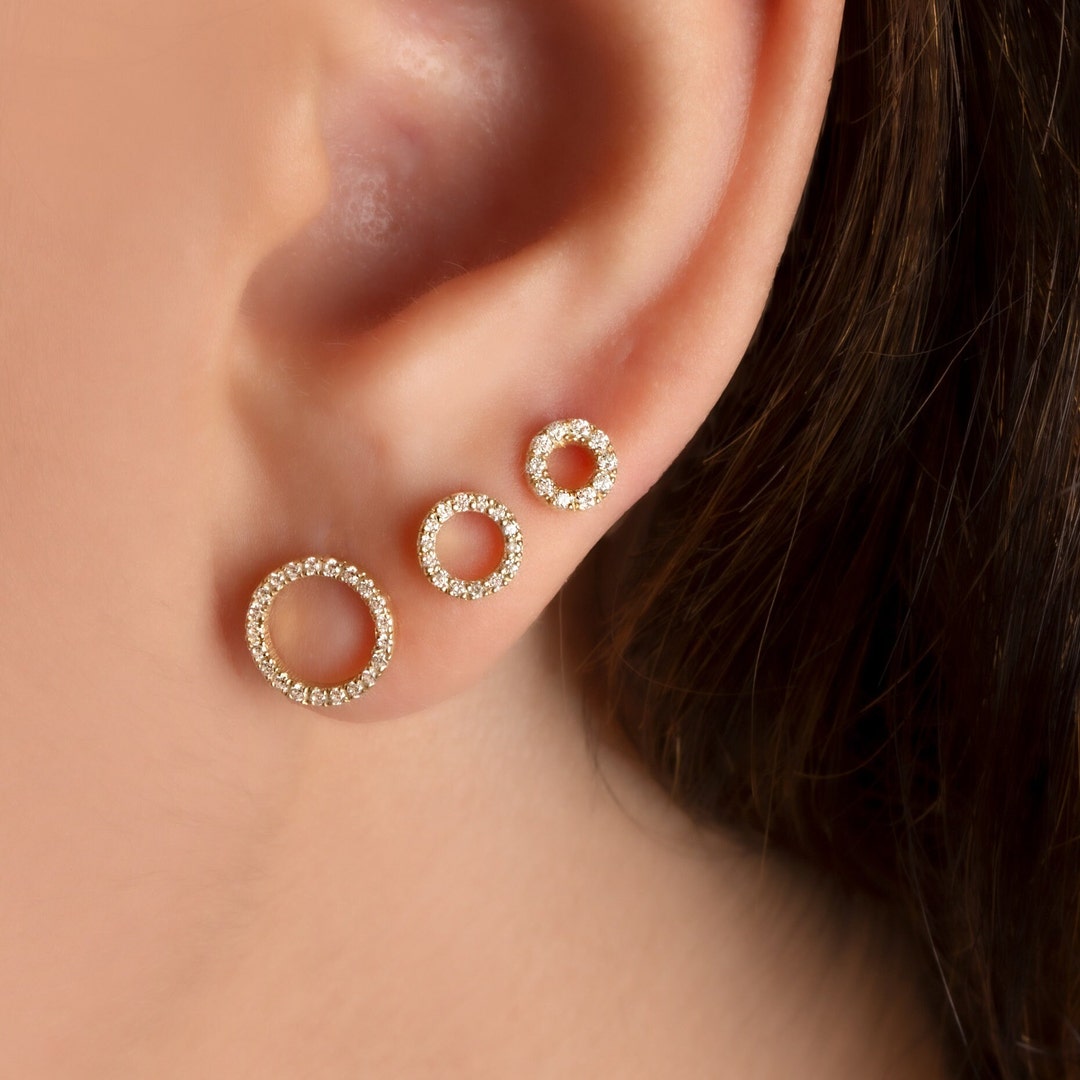 Diamond Circle Studs / 14k Gold Diamond Circle Earrings / Halo Open Circle Studs / Diamond Gift ...