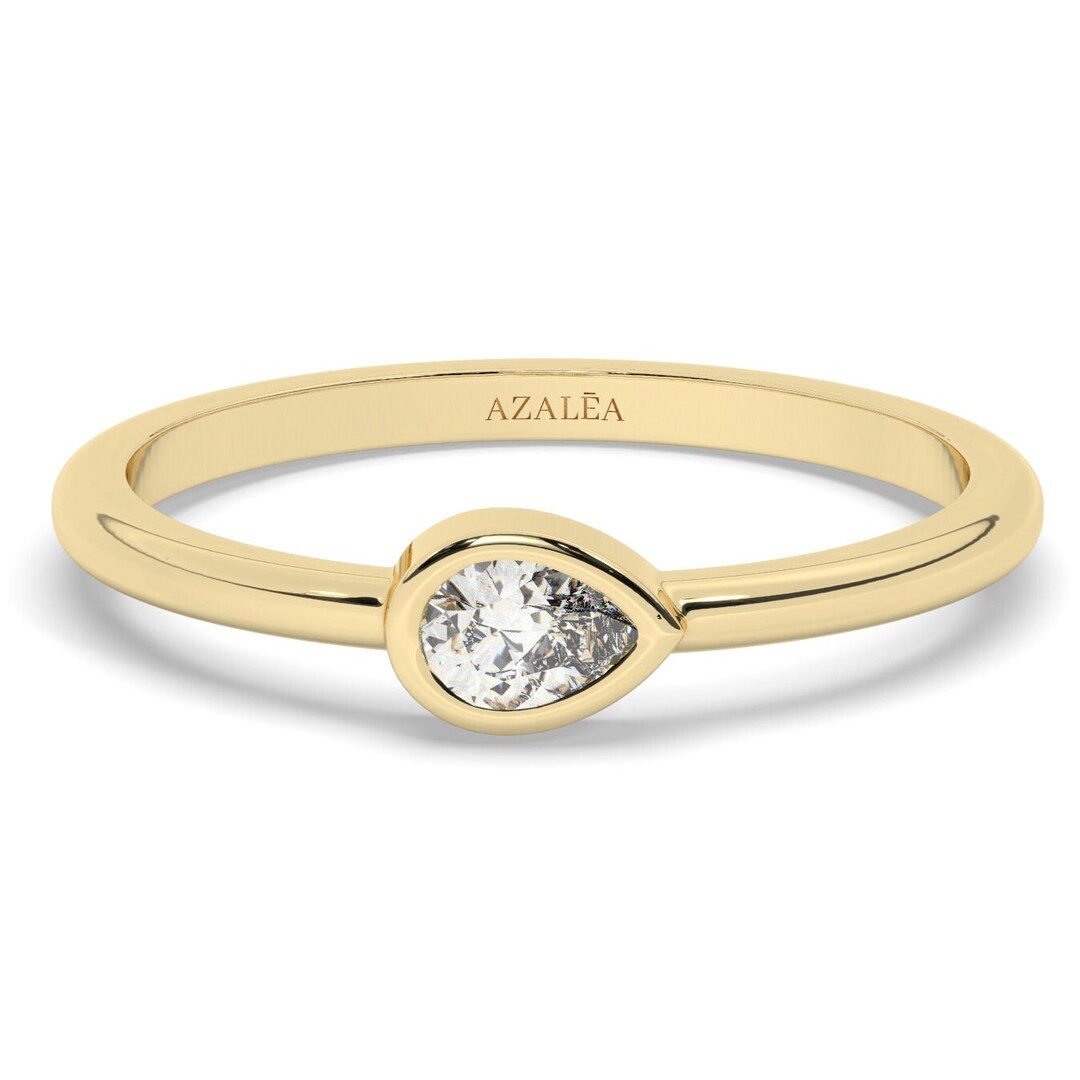 Pear Diamond Bezel Stacking Ring / 14k Gold Pear Diamond Wedding Band ...