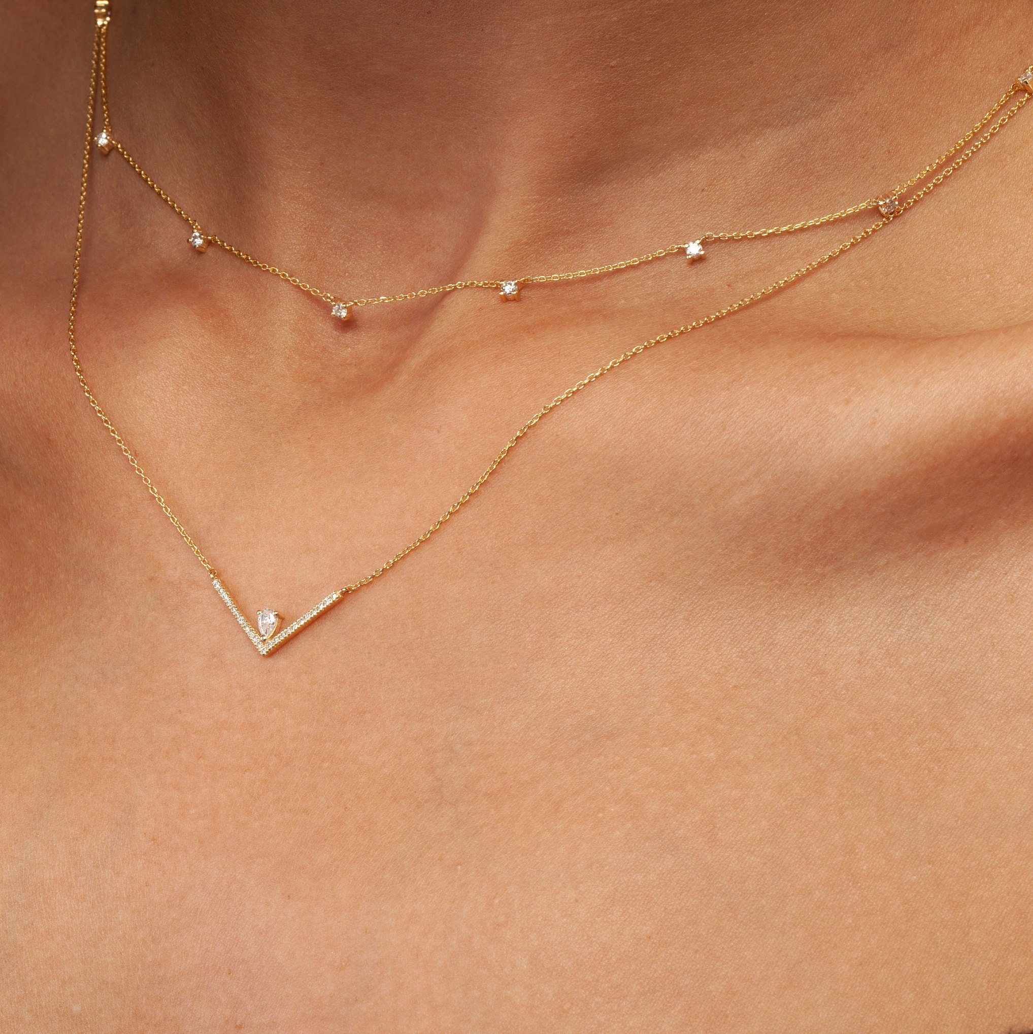 Diamond Station Necklace / 14k Gold Diamond Station Necklace / - Etsy
