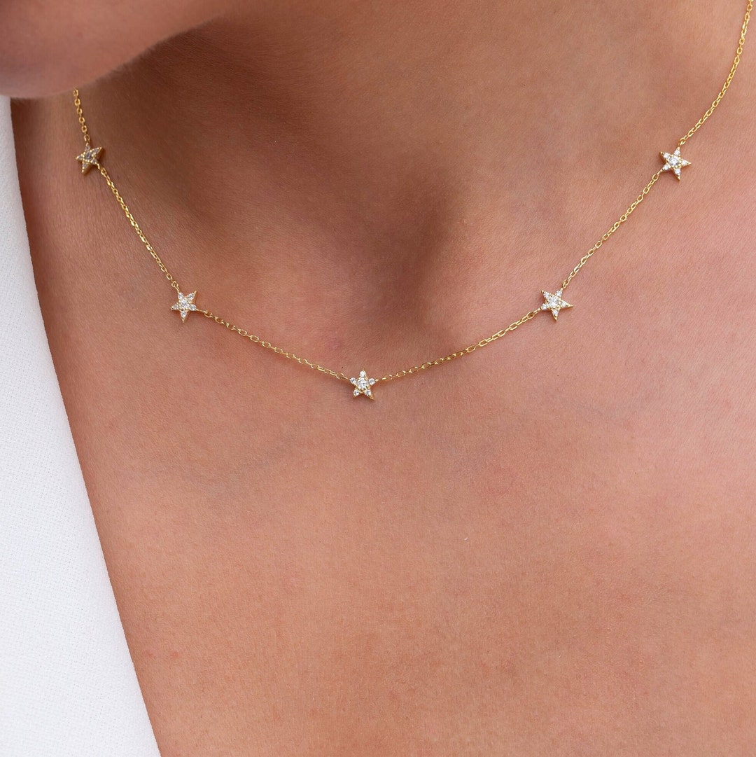 Diamond Star Station Necklace / 14k Gold Star Station Necklace / Dainty ...