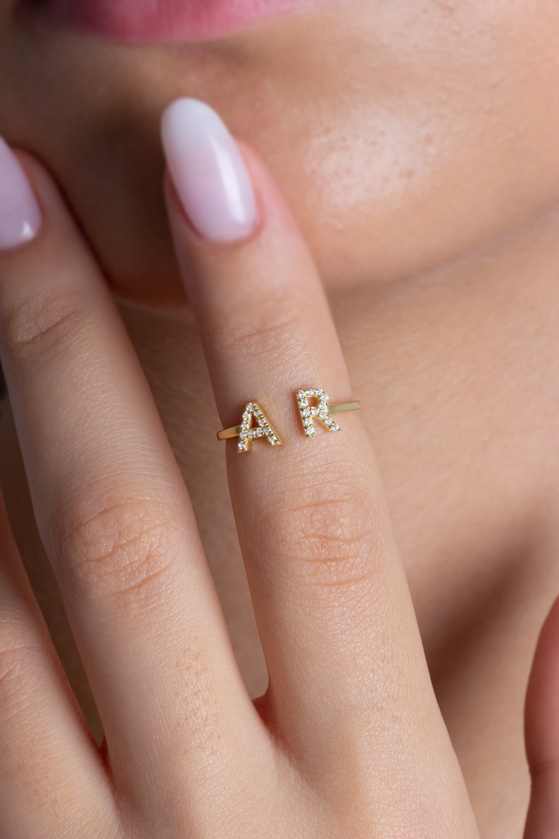 Diamond Initial Ring / 14k Diamond Initial Ring / Diamond - Etsy