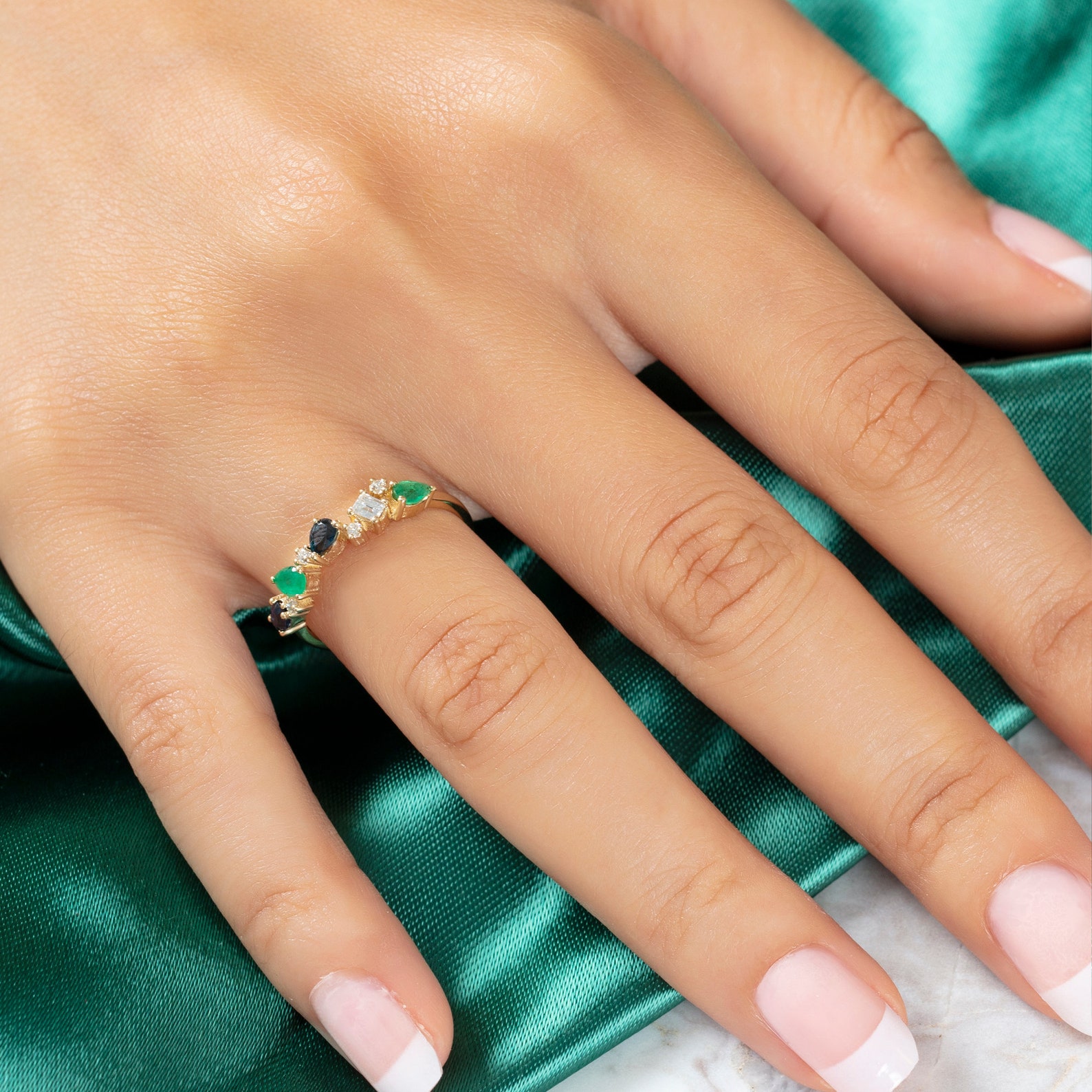Emerald Sapphire Diamond Stacking Ring / 14k Gold Pear Cut - Etsy