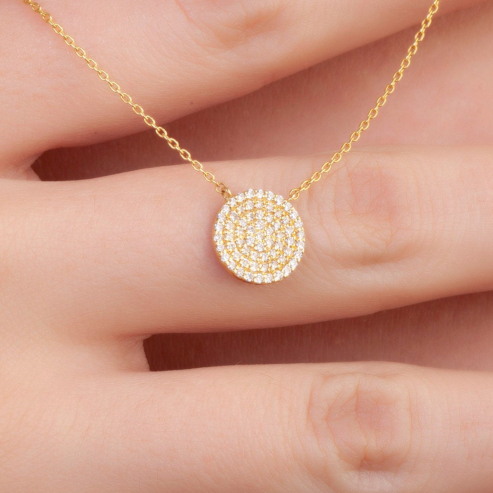 Diamond Disc Necklace / 14k Gold Pave Diamond Disc Necklace / - Etsy