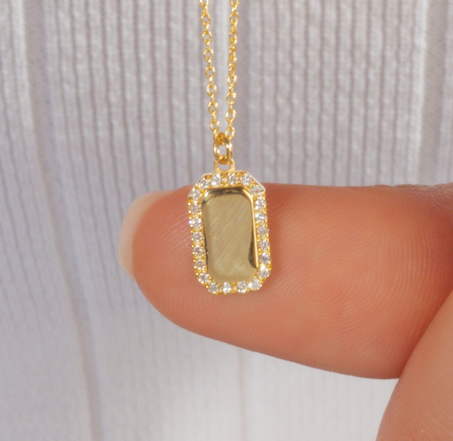 Diamond Dog Tag Necklace / 14k Gold or Silver Diamond Dog Tag - Etsy