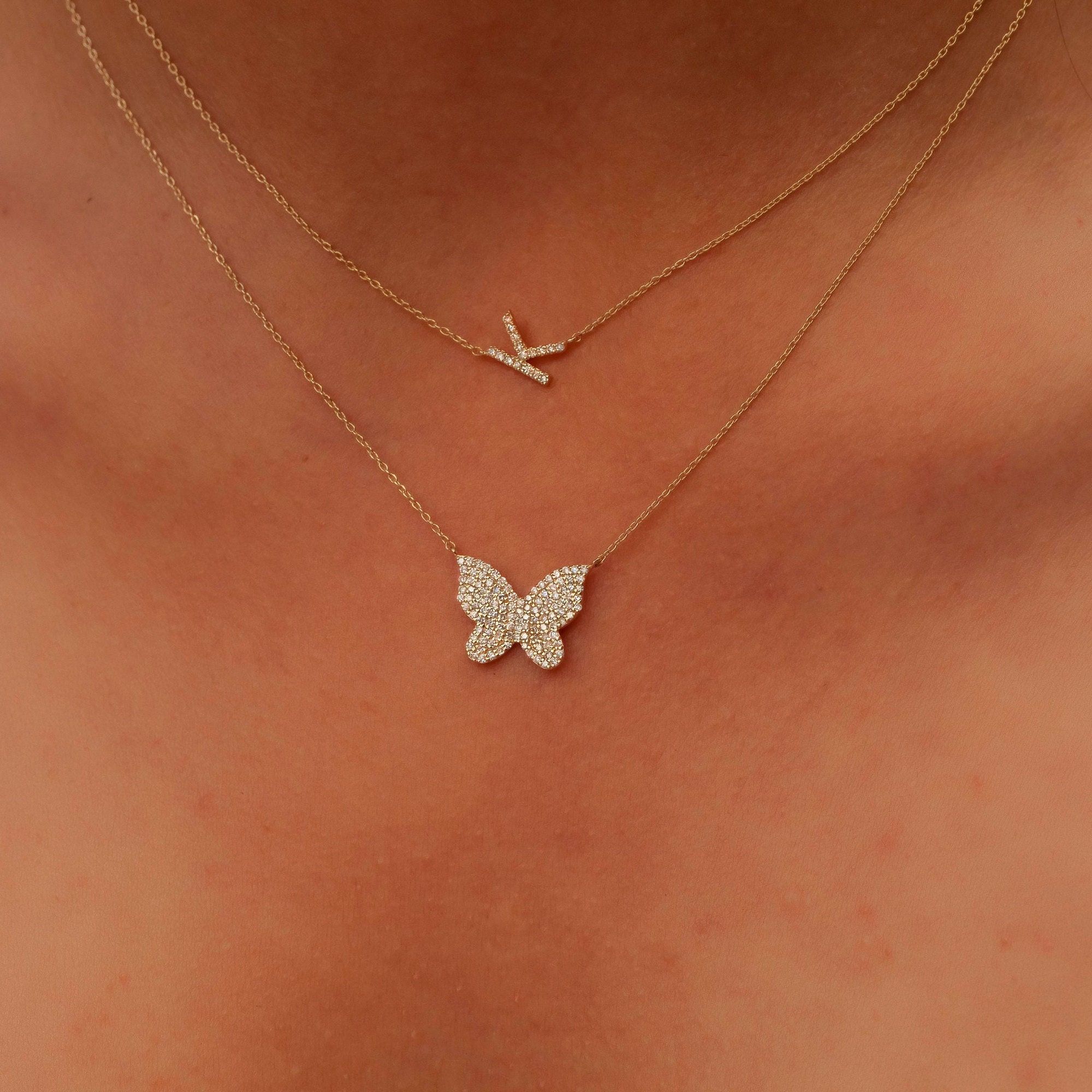 Diamond Butterfly Necklace / 14k Diamond Pave Butterfly Necklace / Pave ...