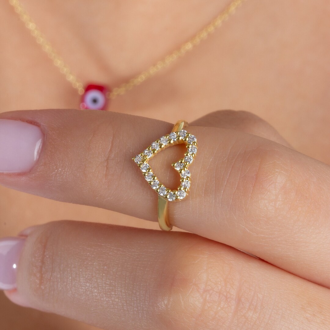 Diamond Heart Ring / 14k Gold Heart Stacking Band / Love Ring / Heart ...