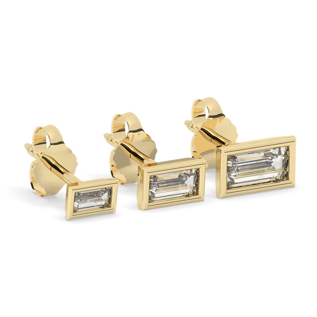 Baguette Diamond Studs / 14k Gold Diamond Bezel Set Stud Earrings / 0.10 - 0.50 Ct Baguette ...