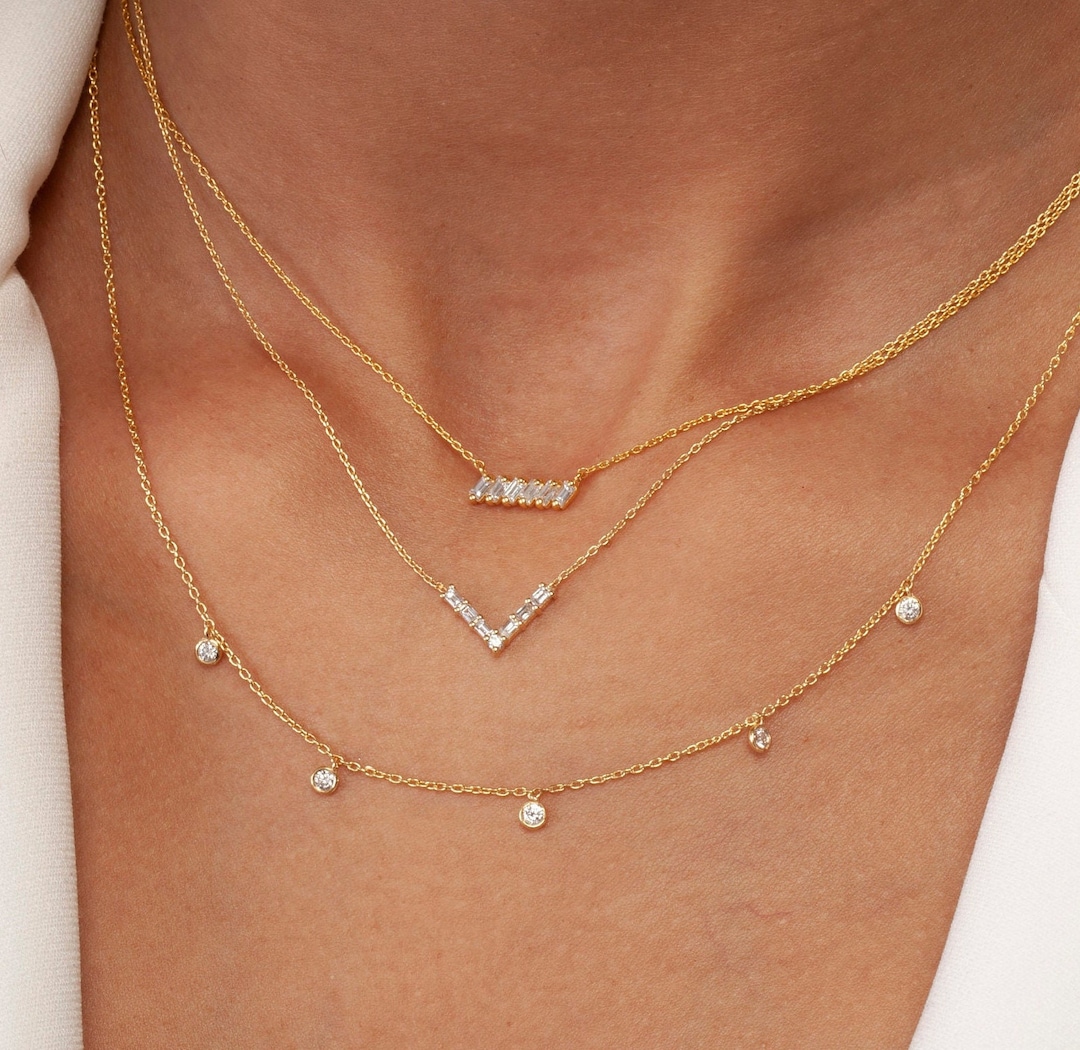 Diamond Station Necklace / 14k Gold Diamond Station Necklace / Dainty ...