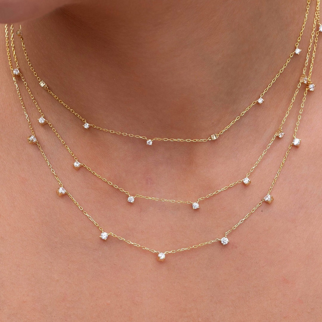 Diamond Station Necklace / 14k Gold Diamond Layering Necklace / Dainty ...