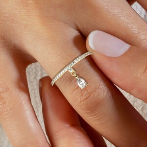 Dangling Diamond Charm Ring / 14k Solid Gold Diamond Dangle Ring ...