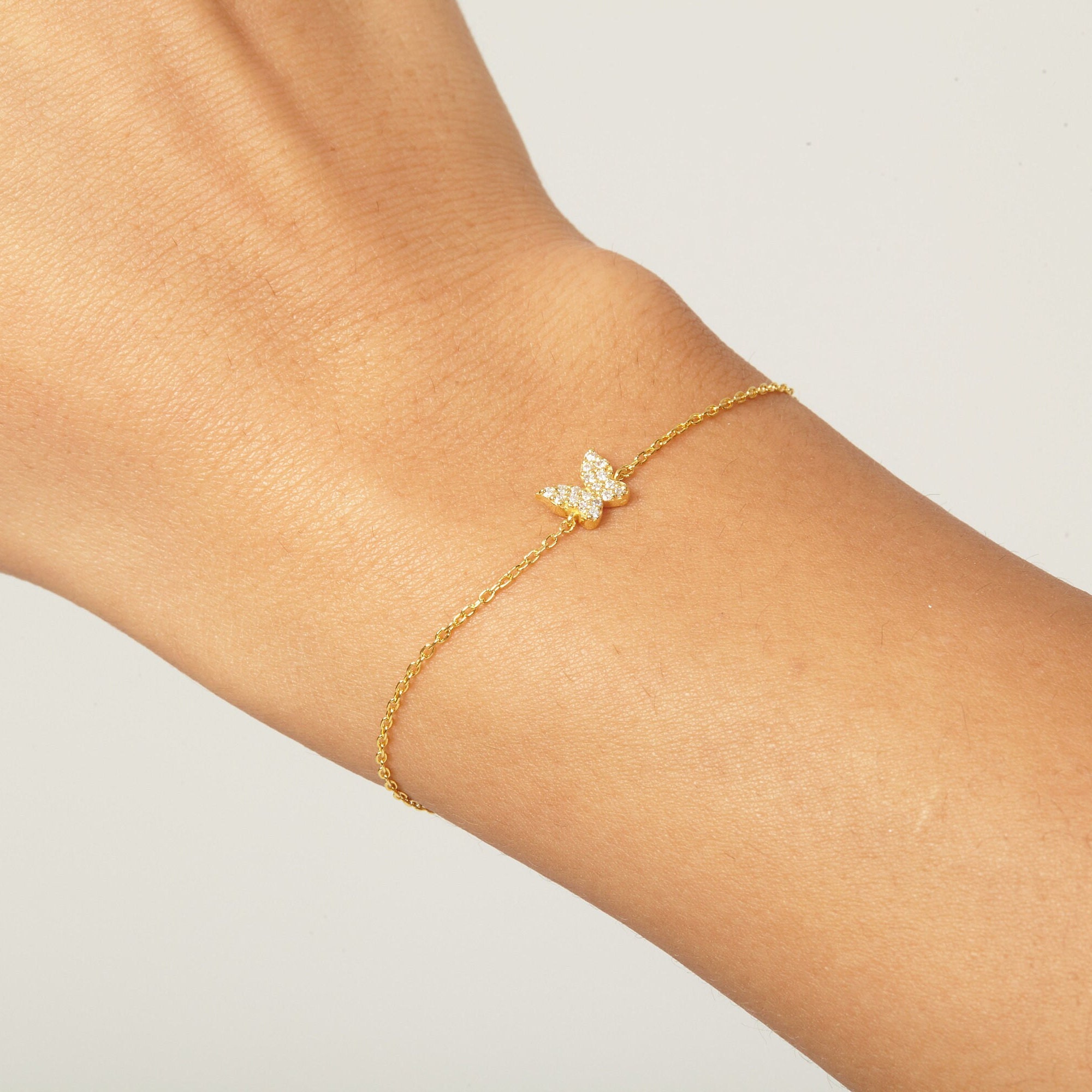 Diamond Butterfly Chain Bracelet / 14k Diamond Pave Butterfly Chain ...