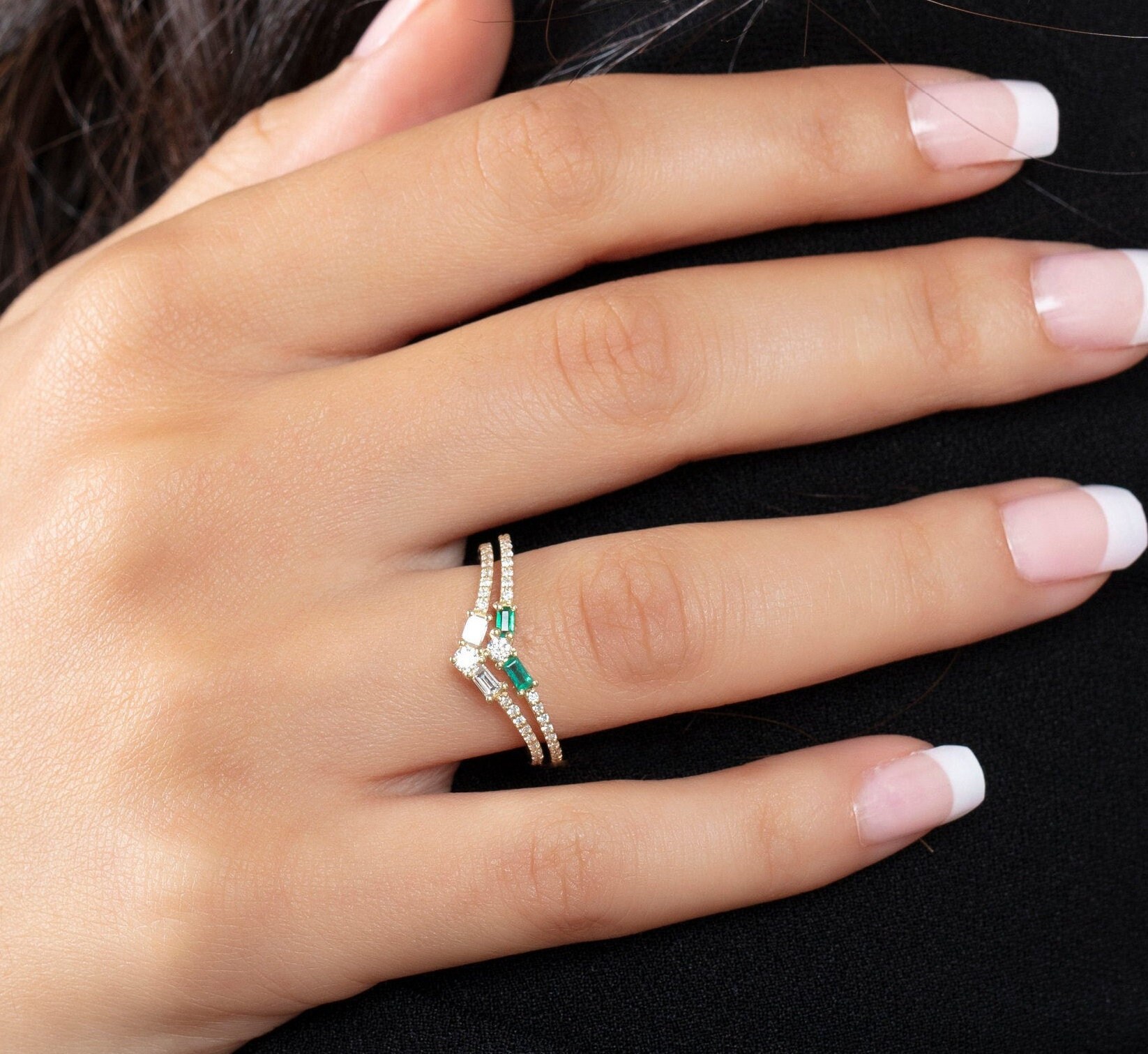 Emerald Diamond Stacking Ring / 14k Gold Baguette and Round | Etsy