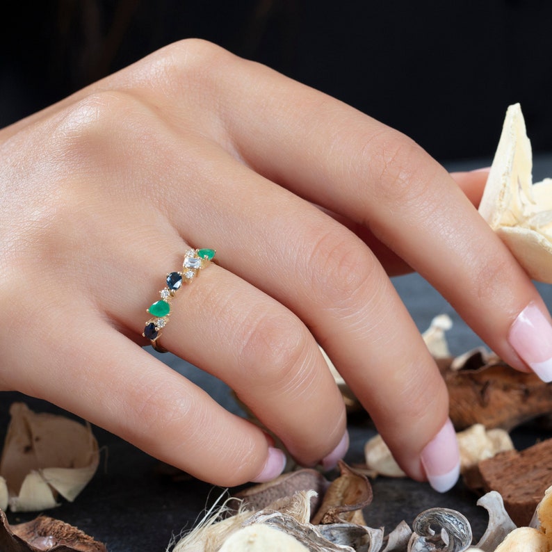 Emerald Sapphire Diamond Stacking Ring / 14k Gold Pear Cut | Etsy