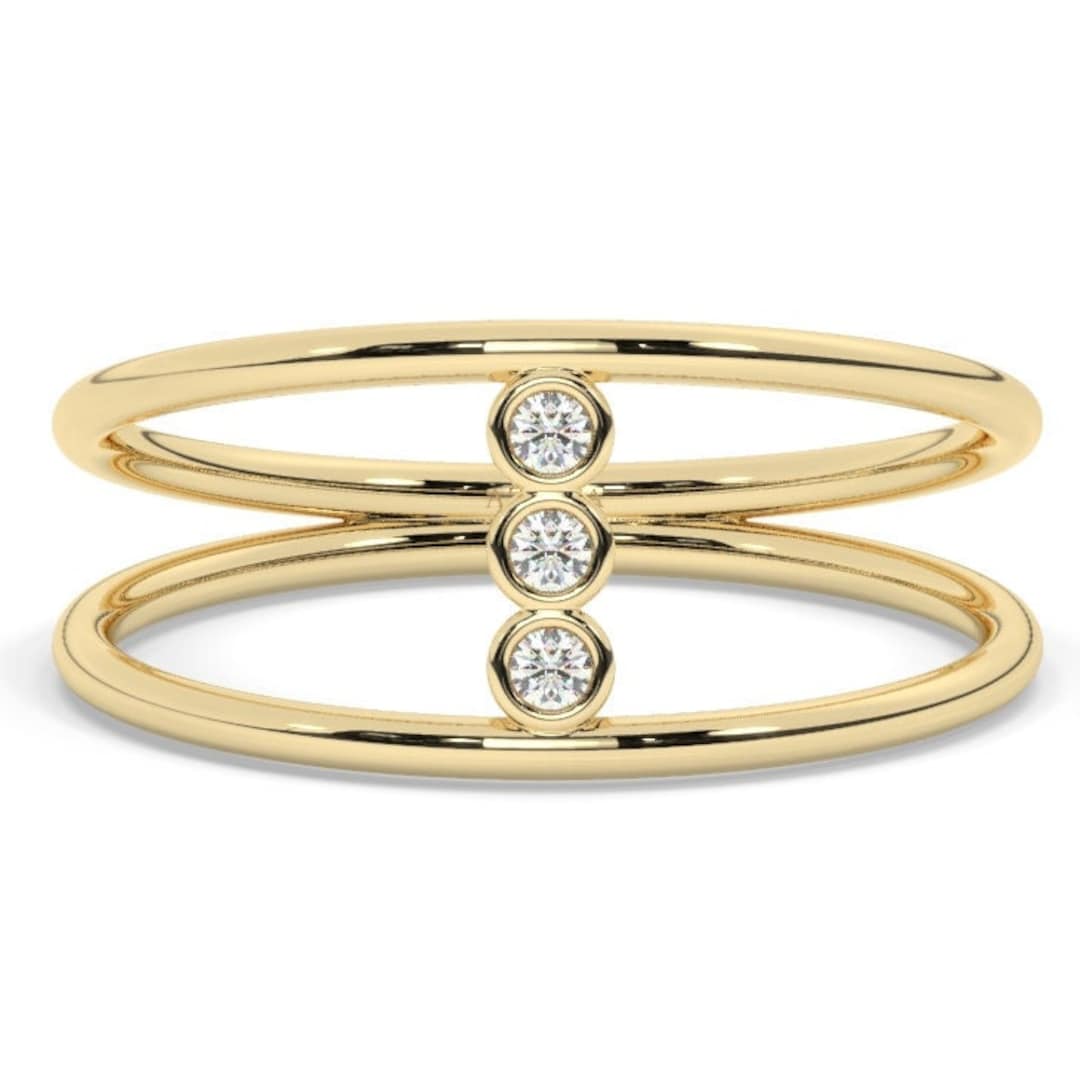 14k Gold Bezel Diamond Wedding Band / Double Ring Stacking Ring ...