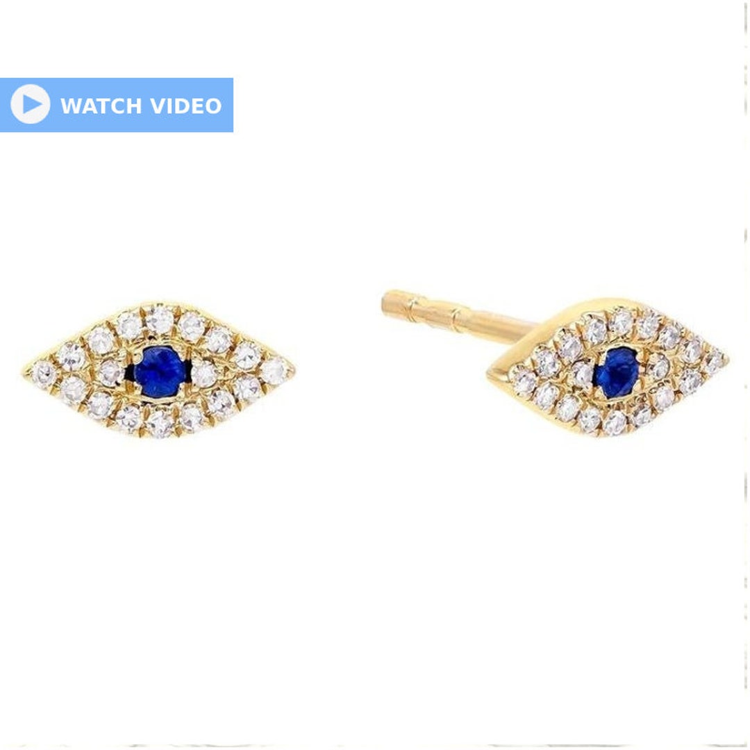 Diamond Evil Eye Stud Earrings / 14k Gold Evil Eye Sapphire and Diamond Stud Earrings / Birthday ...