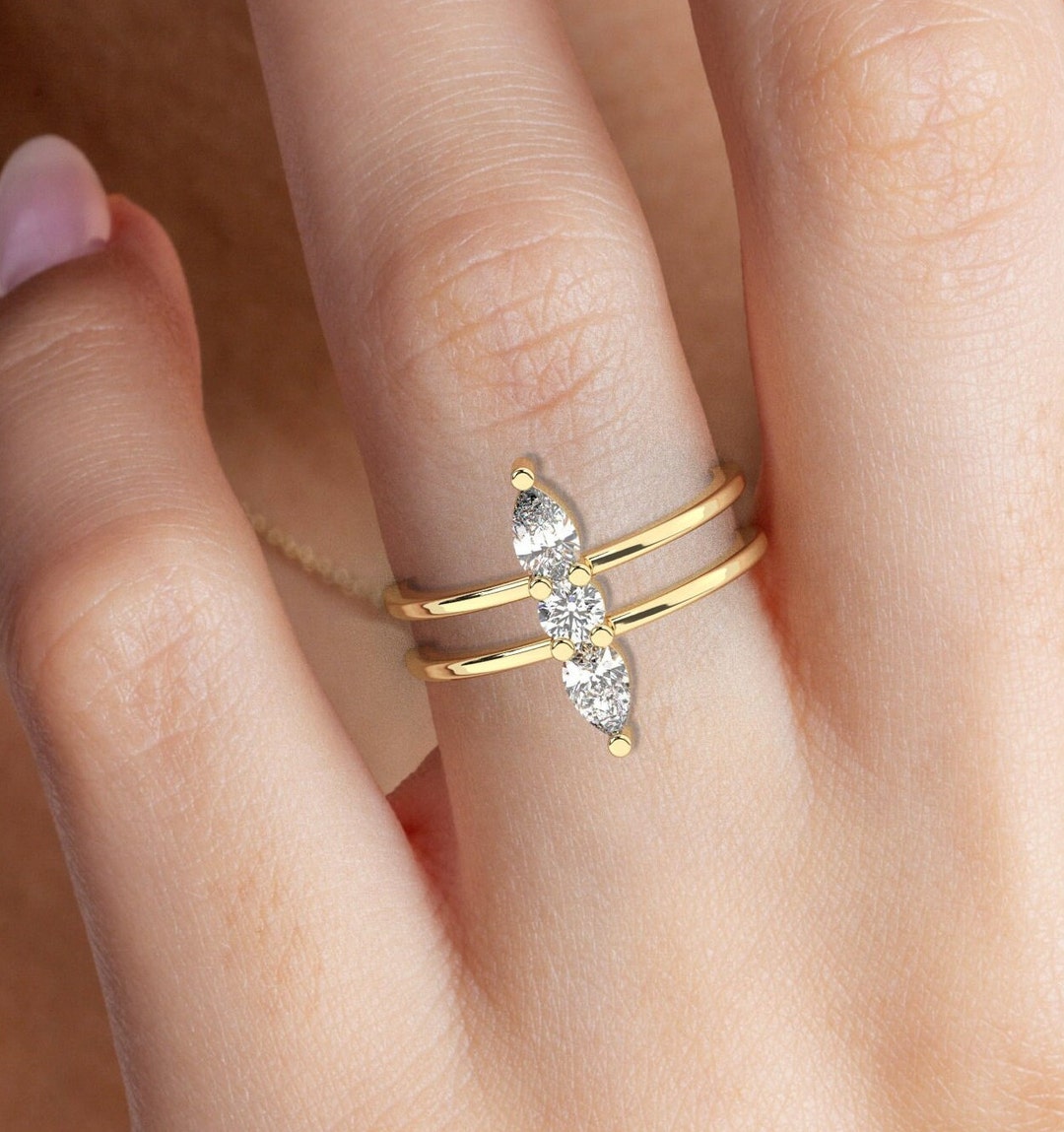 Diamond Stacking Ring / 14k Gold Pear Diamond Stacking / Double Band ...