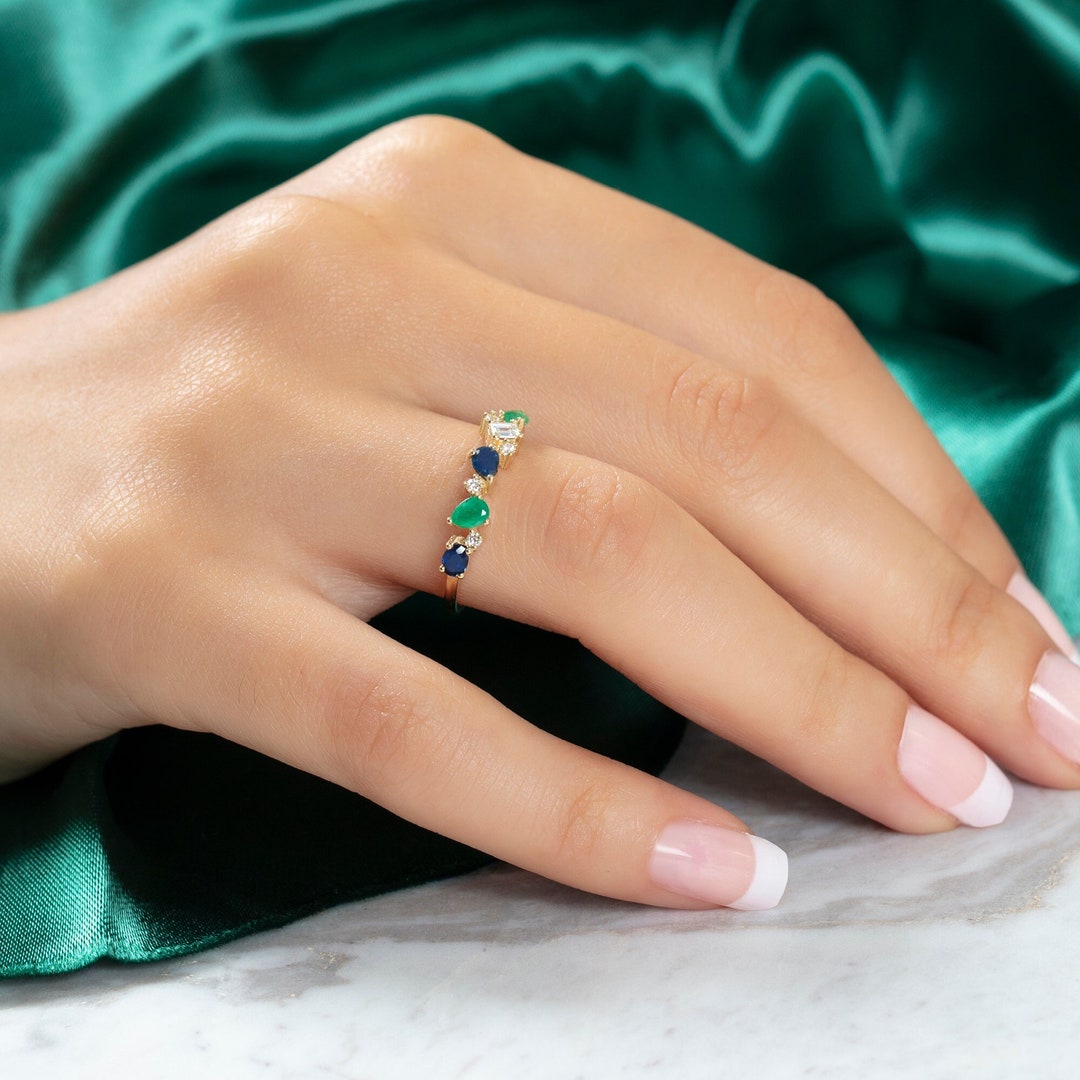 Emerald Sapphire Diamond Stacking Ring / 14k Gold Pear Cut Emerald ...