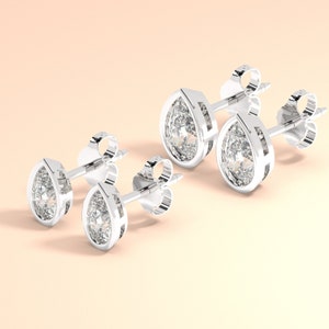 Pear Shape Diamond Studs / 14k Gold Diamond Bezel Set Stud Earrings / 0 ...