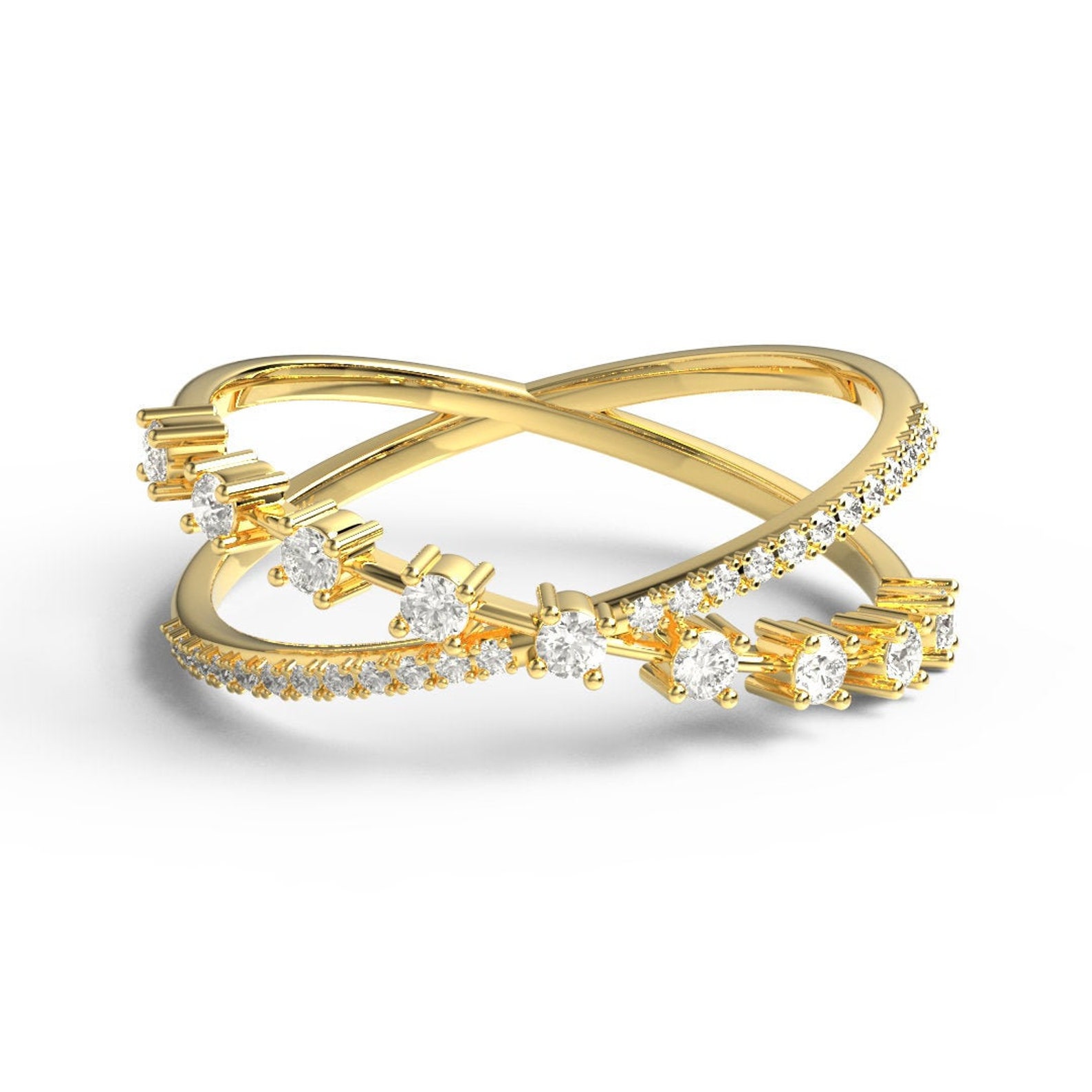 Diamond Criss Cross Ring / 14k Gold Diamond X Ring / Diamond Cris Cross ...