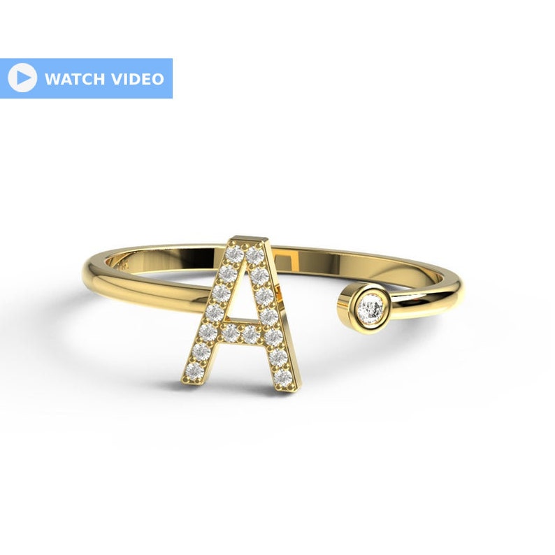 Diamond Initial Cuff Ring / 14k Gold Diamond Initial Ring / | Etsy