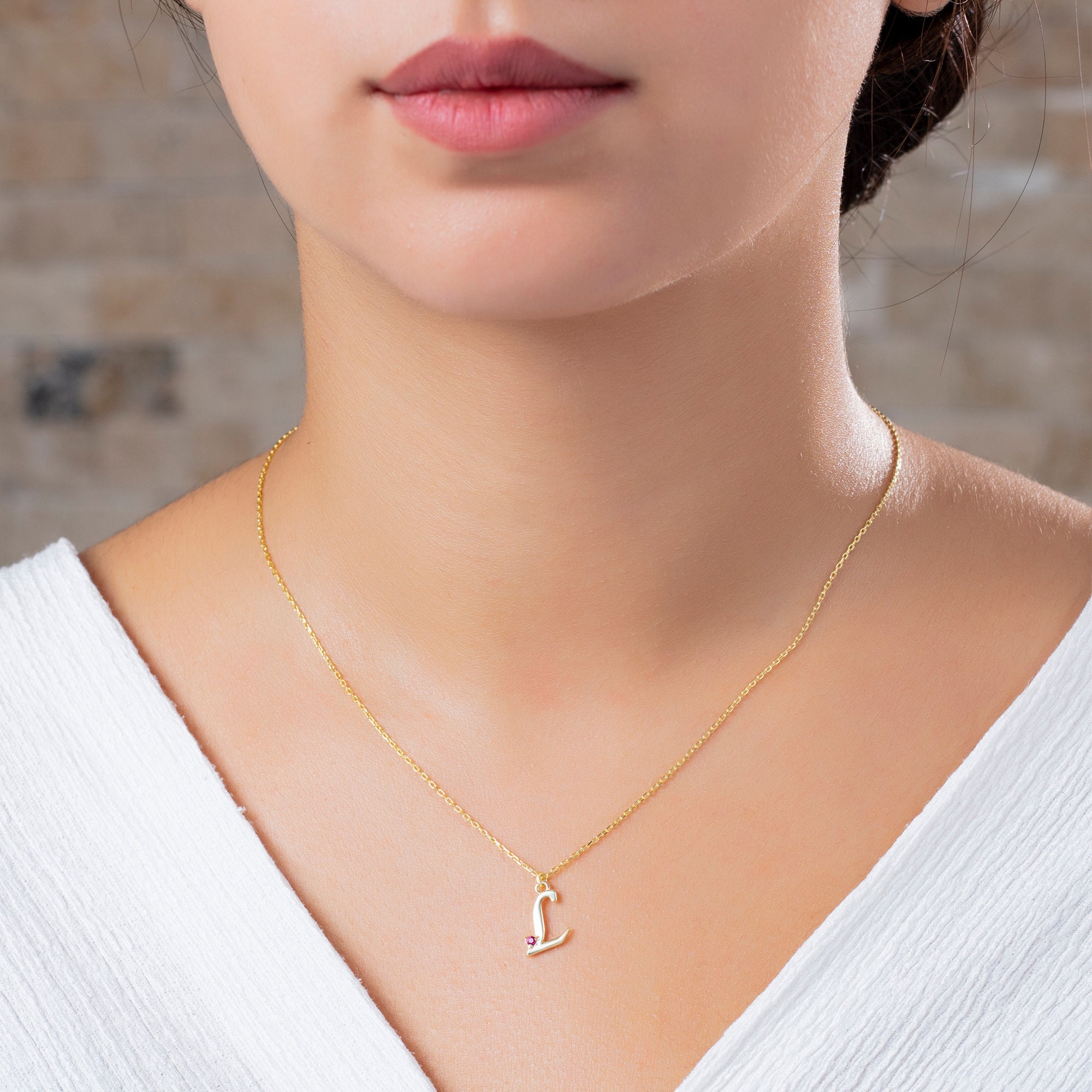 Birthstone Initial Necklace / 14k Gold Personalized Birthstone Initial ...