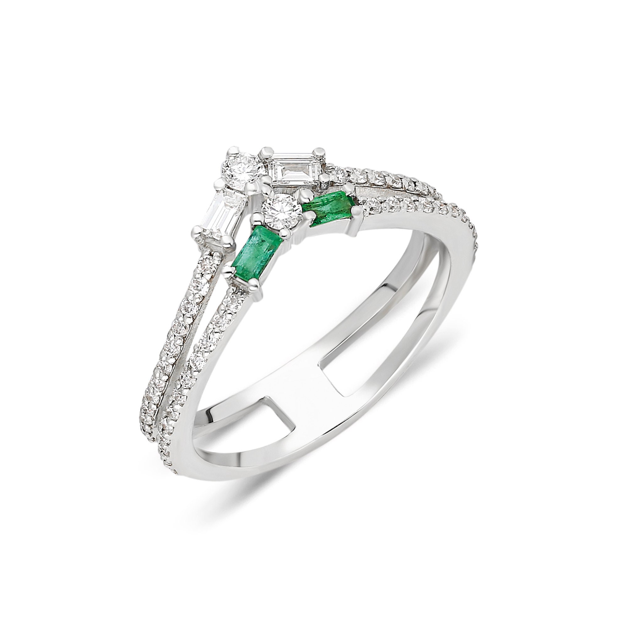 Emerald Diamond Stacking Ring / 14k Gold Baguette and Round | Etsy