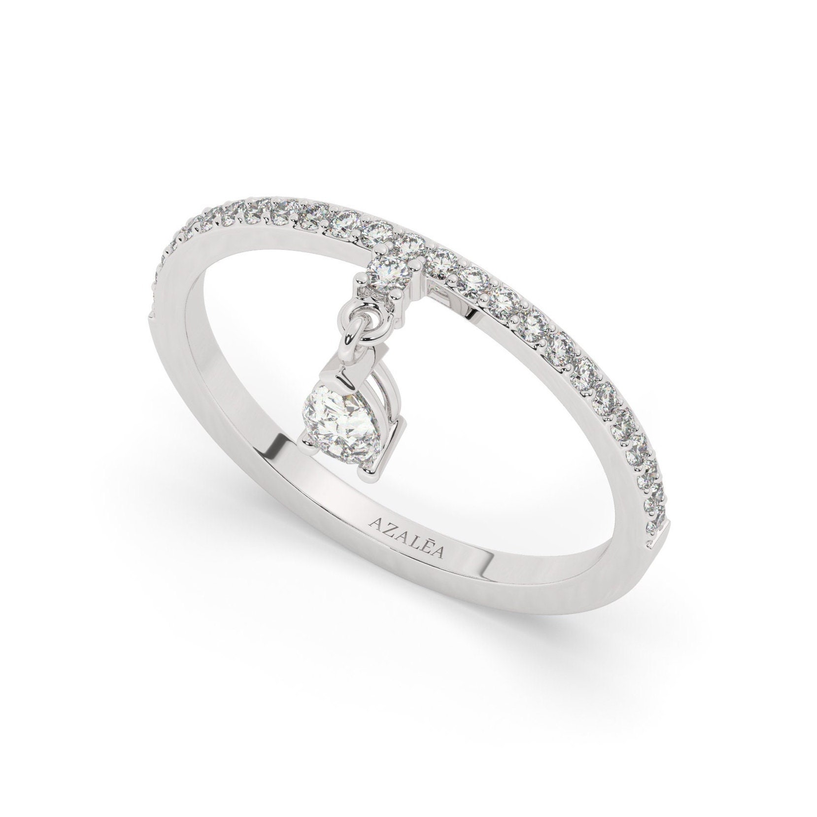 Dangling Diamond Charm Ring / 14k 10k 18k Gold Dangle Ring / Pear ...