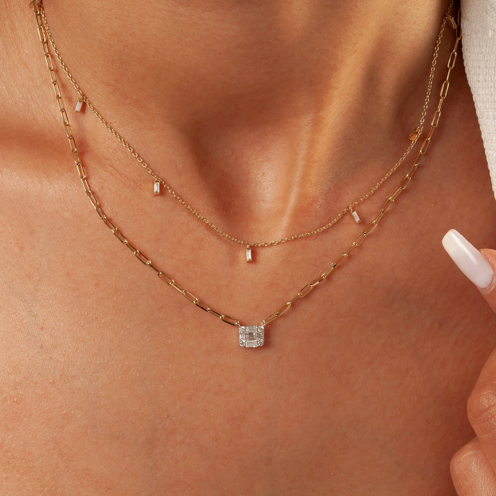 Baguette Diamond Necklace / 14k Gold Diamond Baguette Layer Necklace ...
