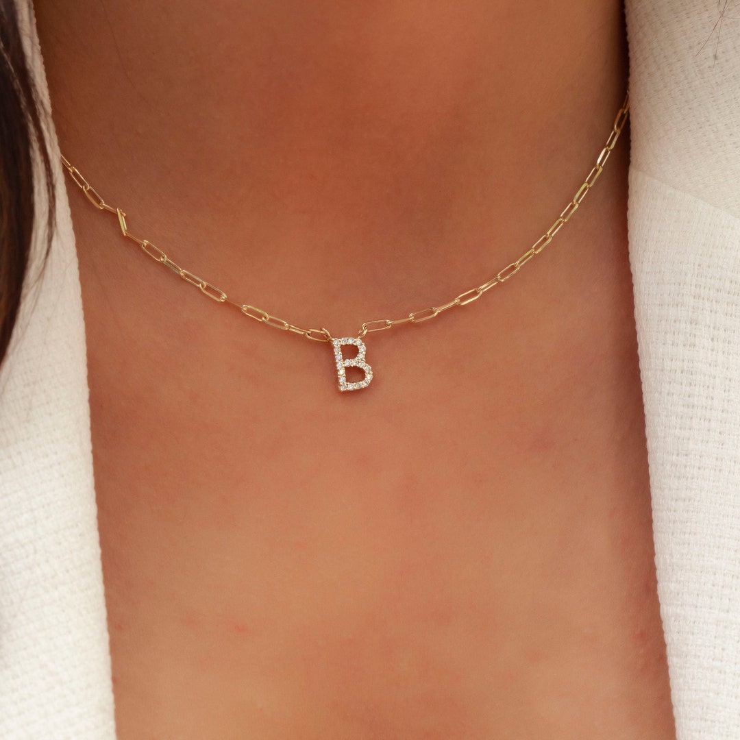 Diamond Initial Necklace / 14k Gold and Diamond Initial Necklace With ...