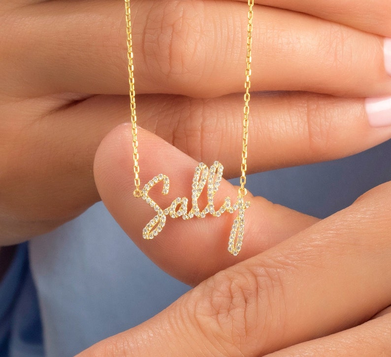 Diamond Name Necklace / 14k Dainty Diamond Script Name - Etsy