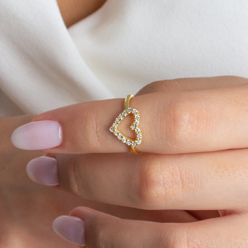 Diamond Heart Ring / 14k Gold Heart Stacking Ring / Love Ring - Etsy