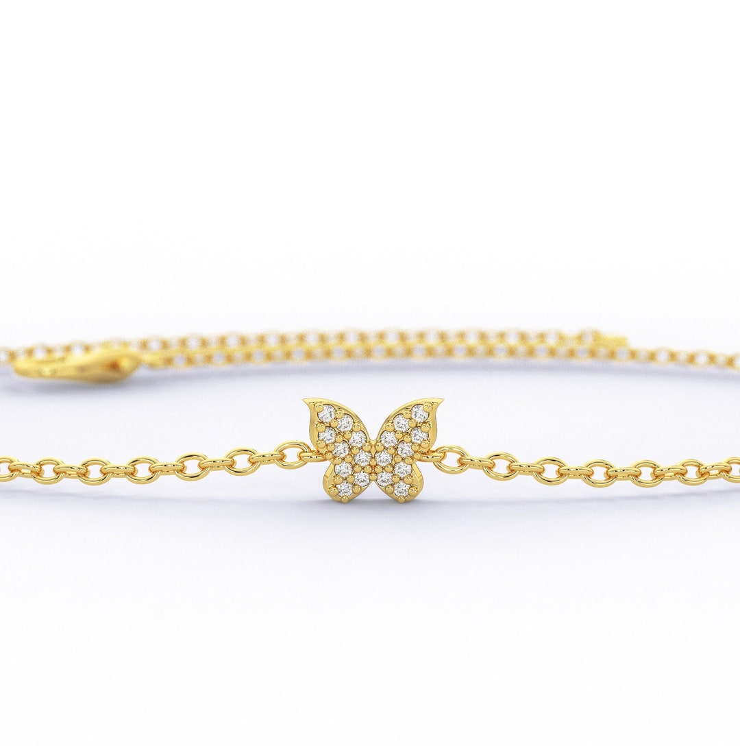 Diamond Butterfly Chain Bracelet / 14k Diamond Pave Butterfly Chain ...