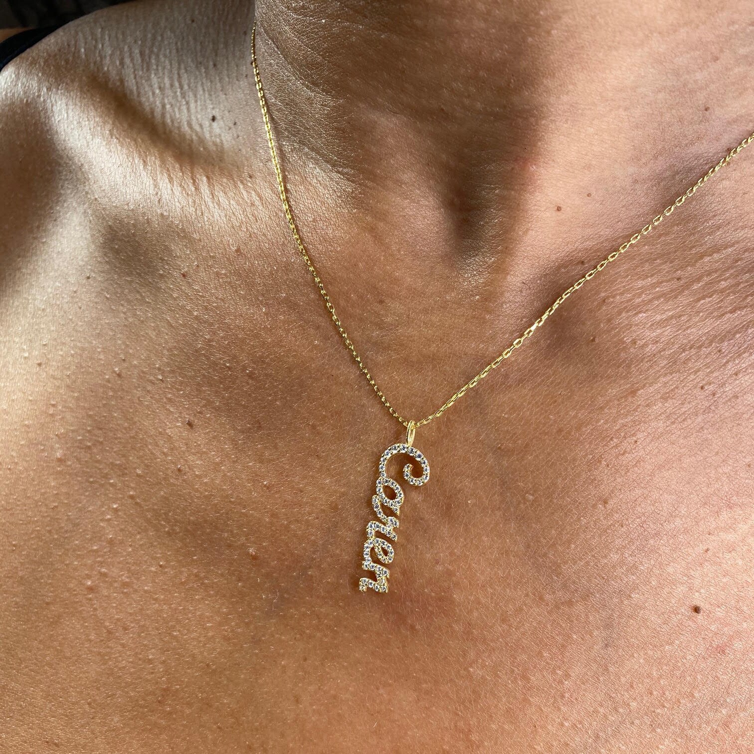 Diamond Name Necklace / 14k Personalized Diamond Vertical Name | Etsy