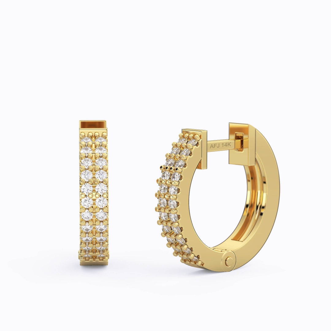 Diamond Hoop Earrings / 14k Gold Double Row Diamond Hoop - Etsy