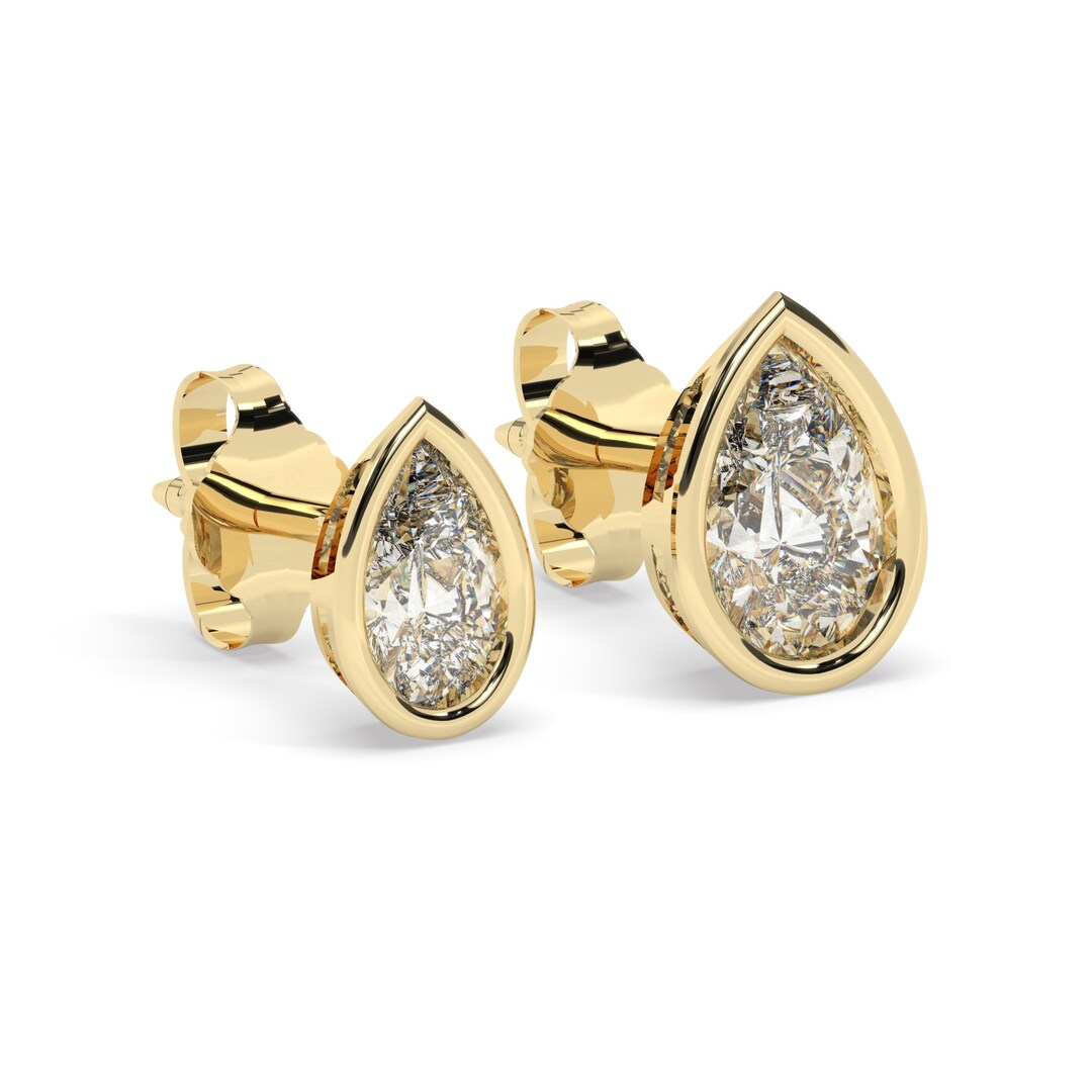 14k Gold Pear Diamond Studs: Bezel Set Dainty Earrings - Etsy