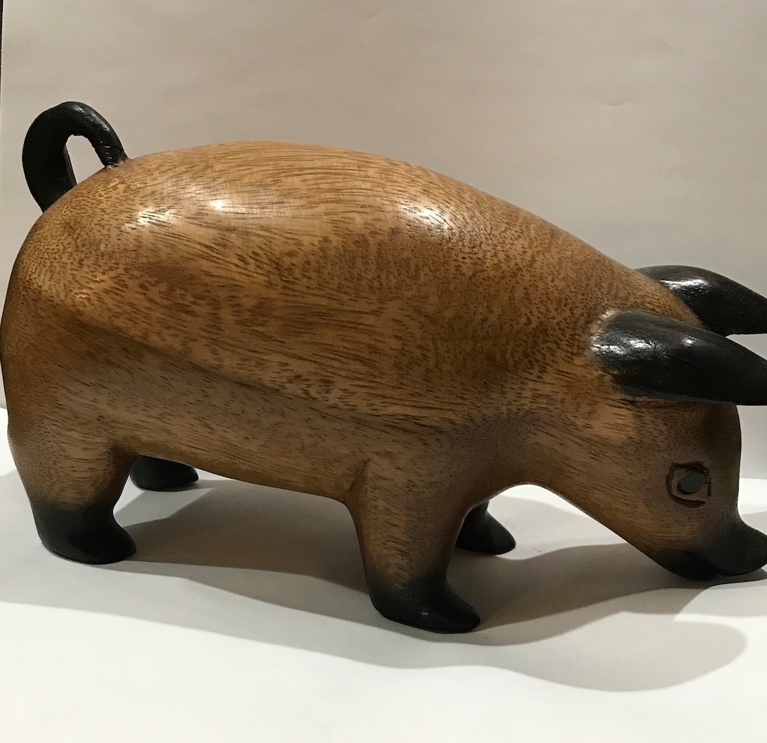 Hand Carved Wooden Pig Figure Decor - Etsy