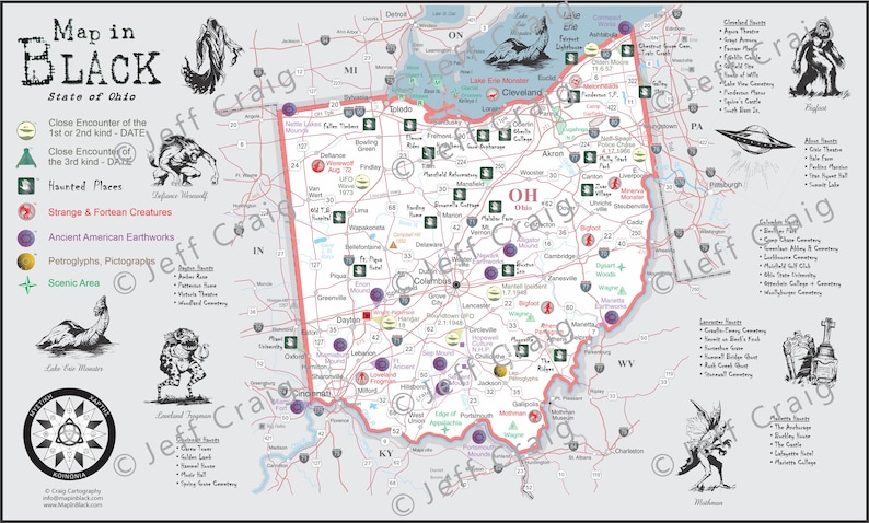 Ohio Map: Ghosts, Cryptids and Ufo's - Etsy