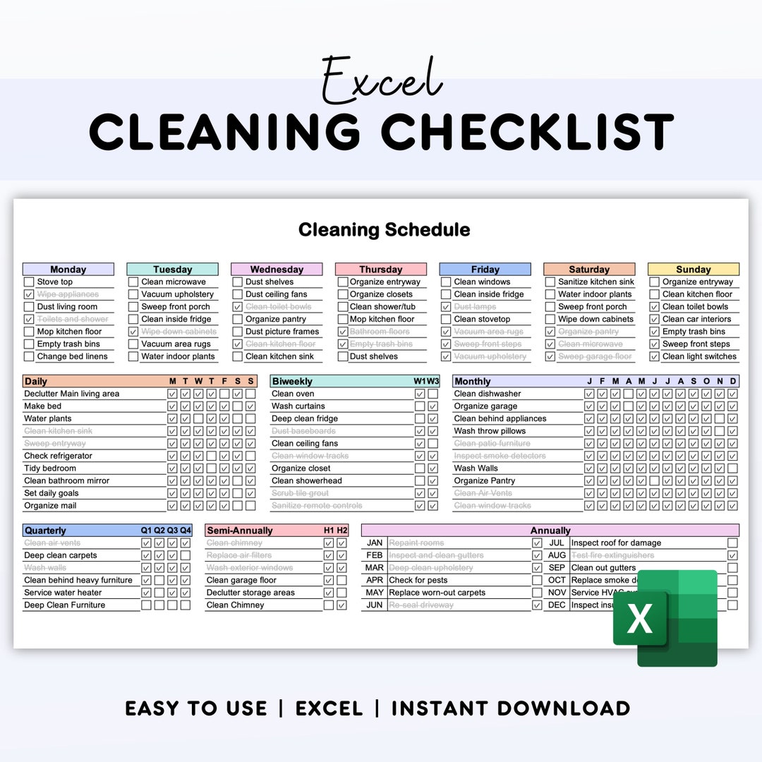Digital Cleaning Schedule Excel Cleaning Checklist for Daily, Weekly ...