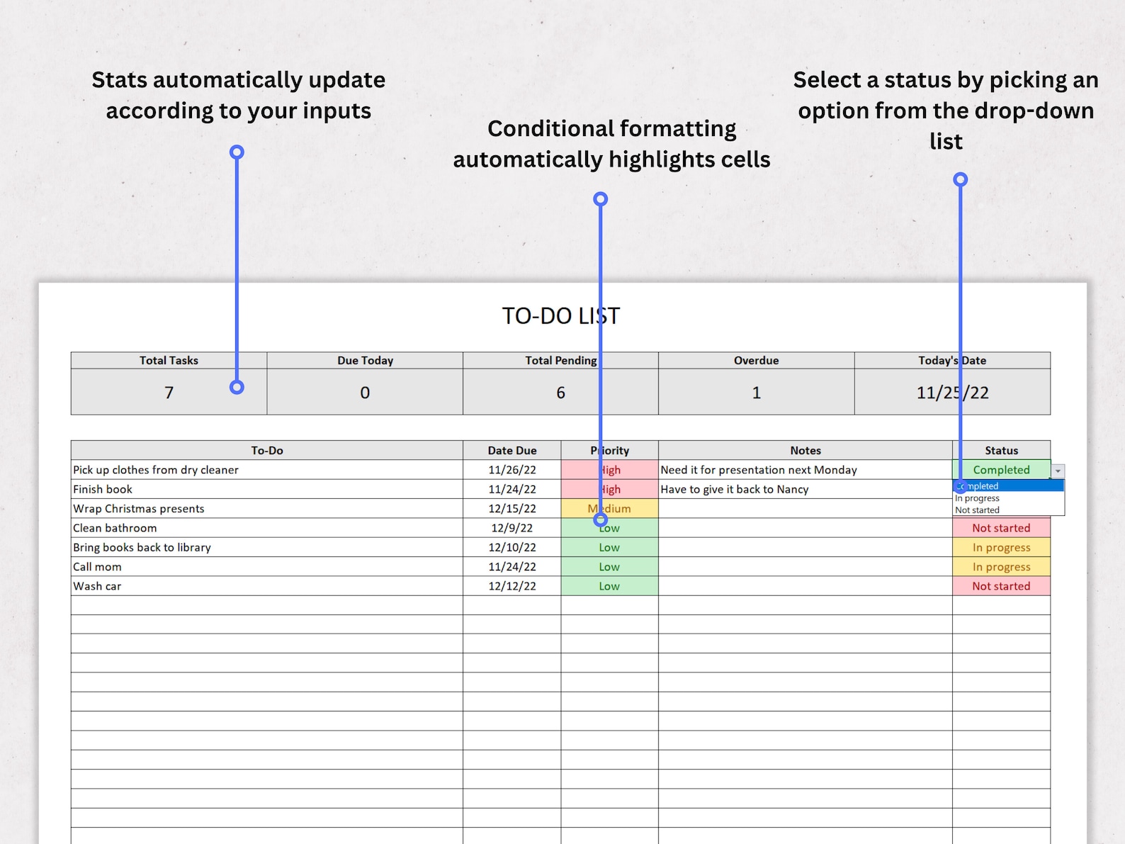 To Do List Excel Spreadsheet Digtial Excel Template Digital Checklist ...
