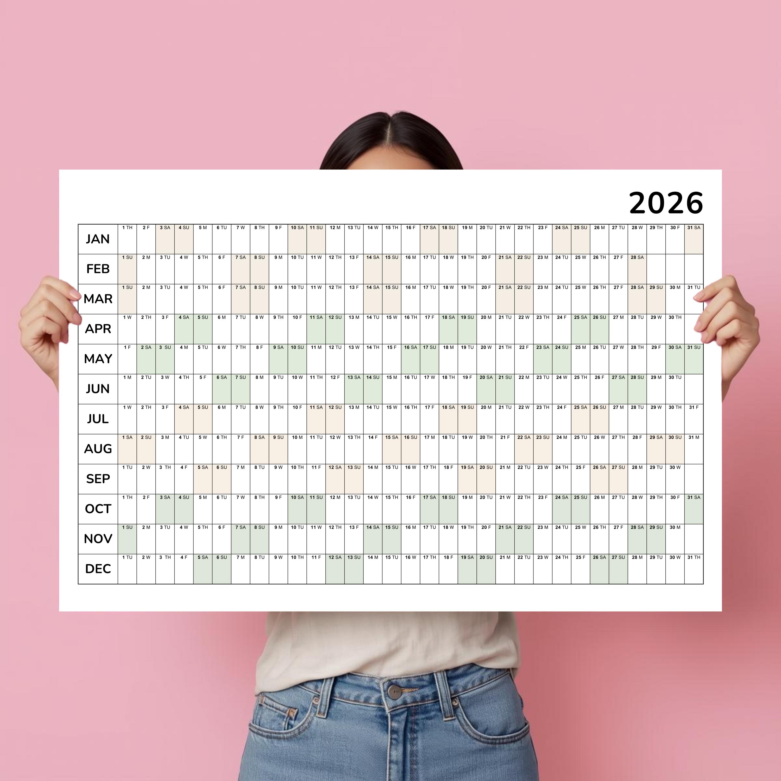 2026 Yearly Wall Calendar Poster: Minimalist Beige & Green Landscape ...