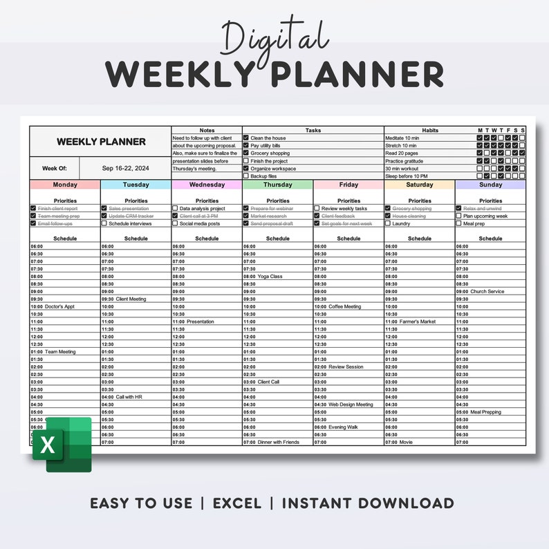 Weekly Planner Excel Template: Customizable Digital Schedule (digital ...