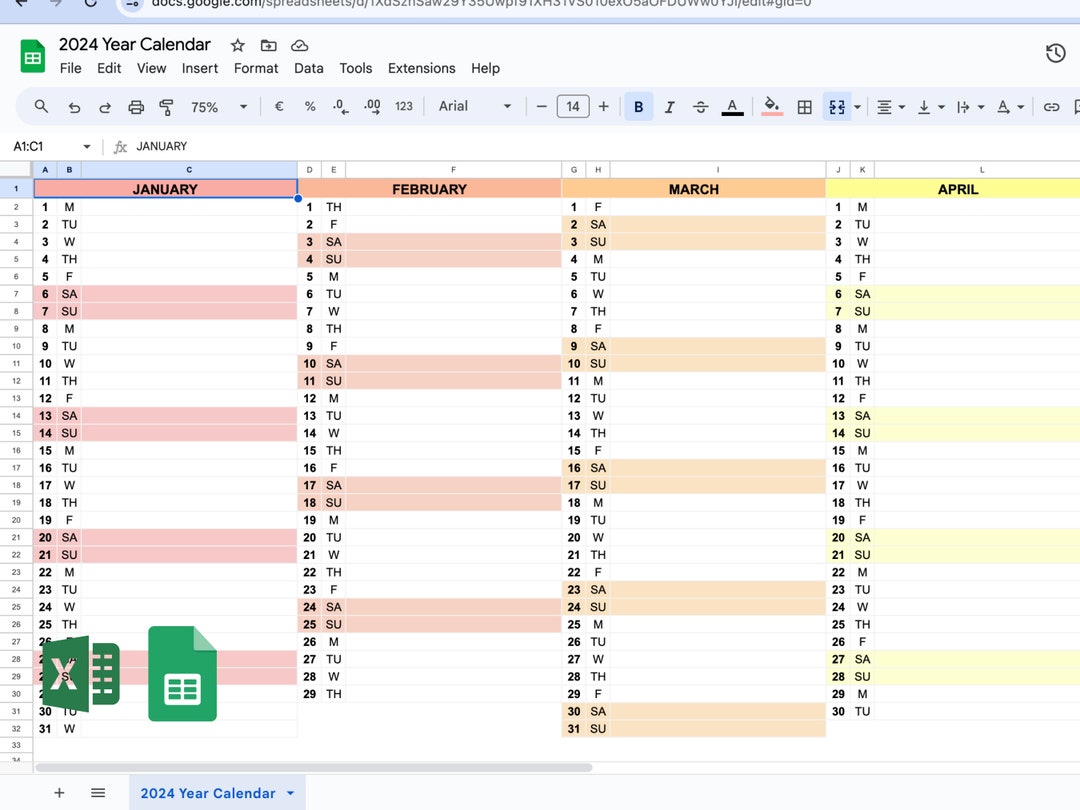 Year Calendar Excel & Google Spreadsheet Digital Calendar Digital ...