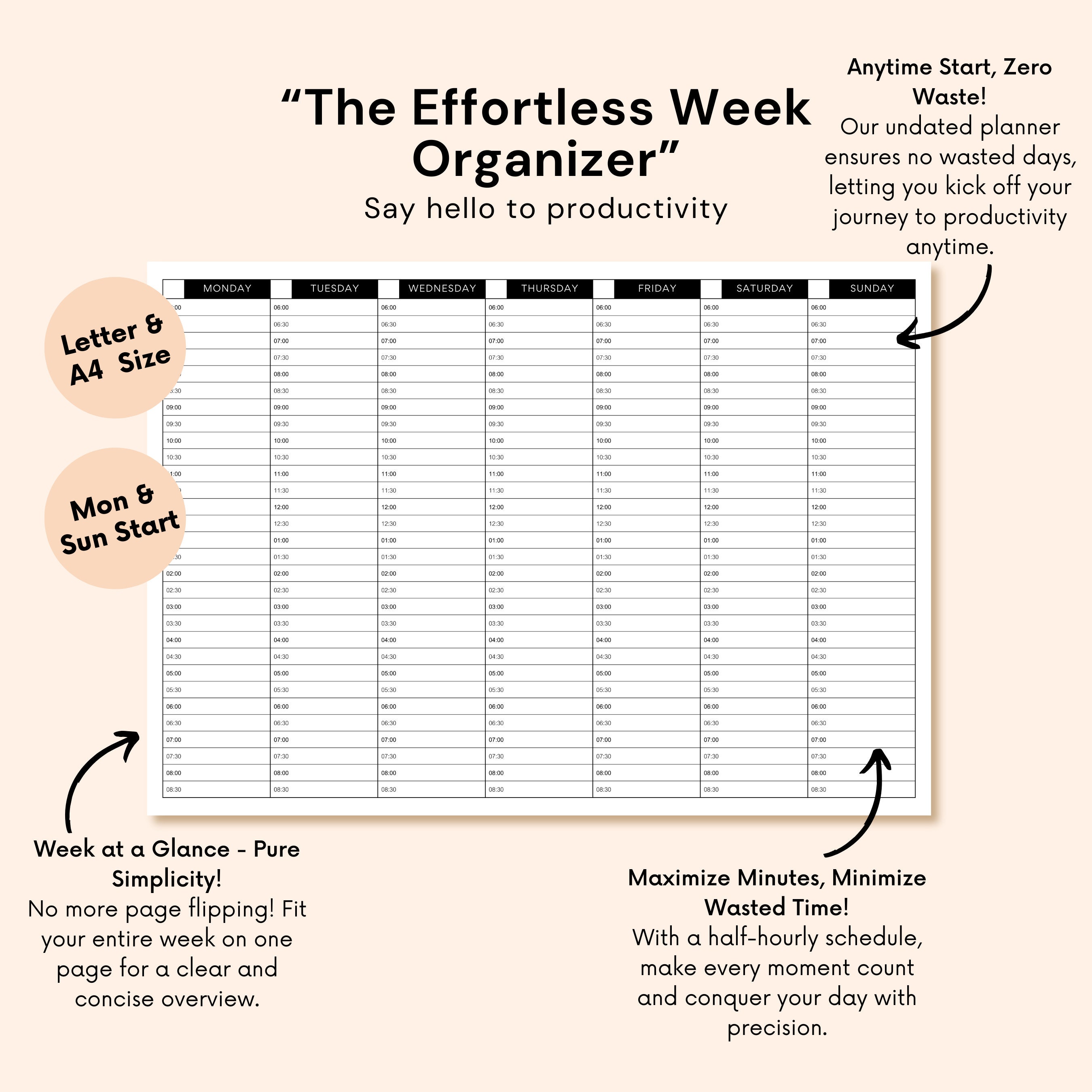 Undated Weekly Planner Printable Weekly Agenda Half-hourly Weekly ...