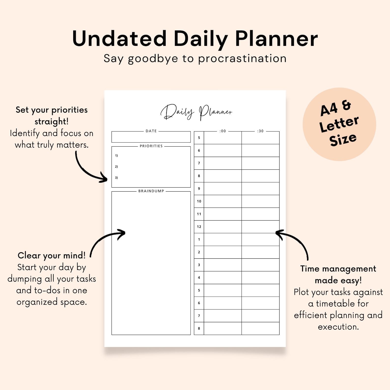 Undated Daily Planner Printable Timeboxing Template PDF Digital Planner ...
