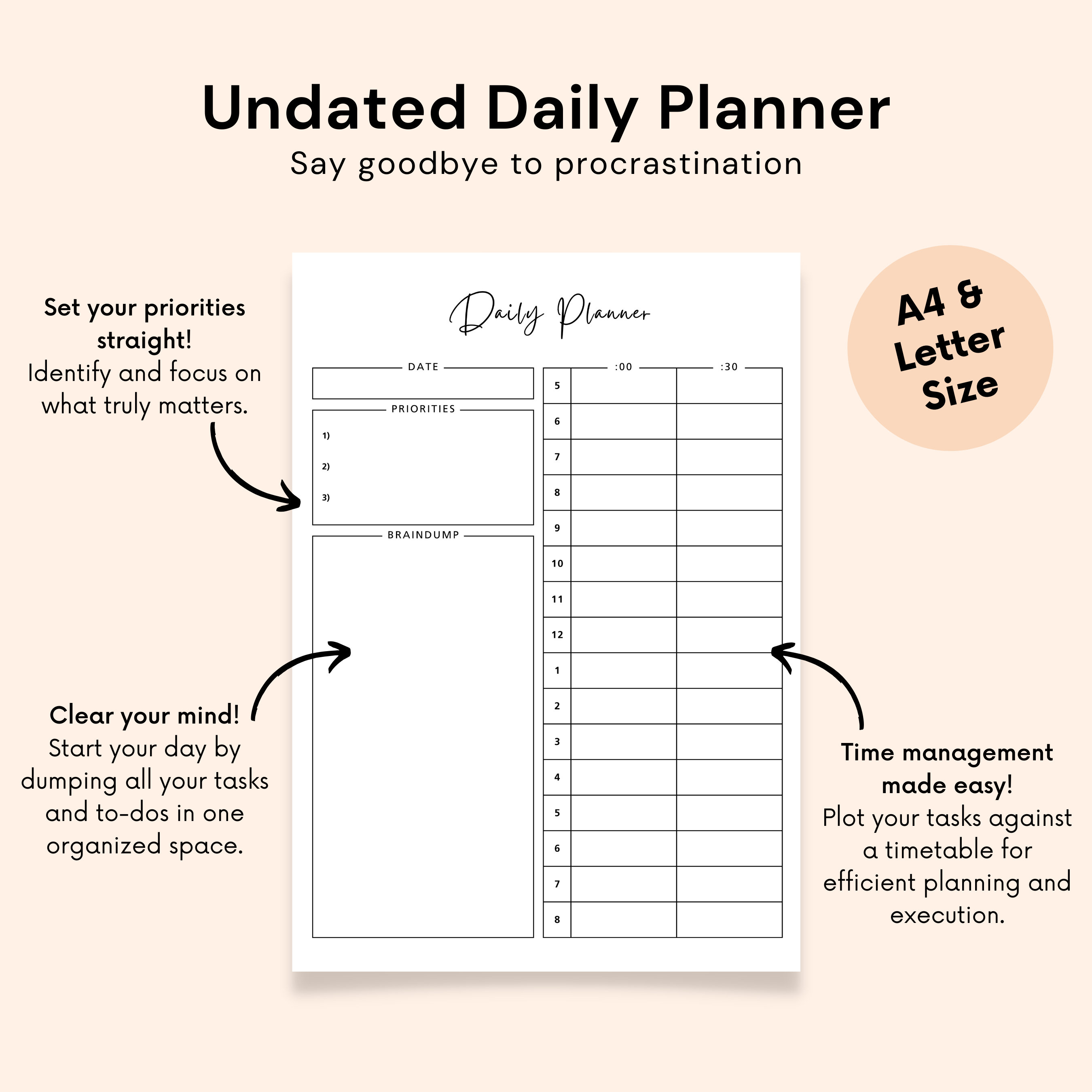 Undated Daily Planner Printable Timeboxing Template PDF Digital Planner ...