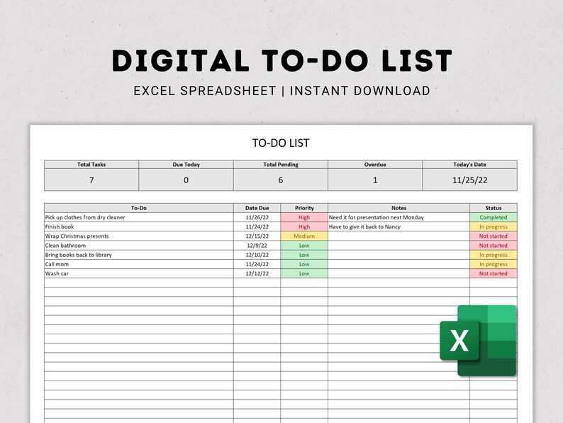 To Do List Excel Spreadsheet Digtial Excel Template - Etsy