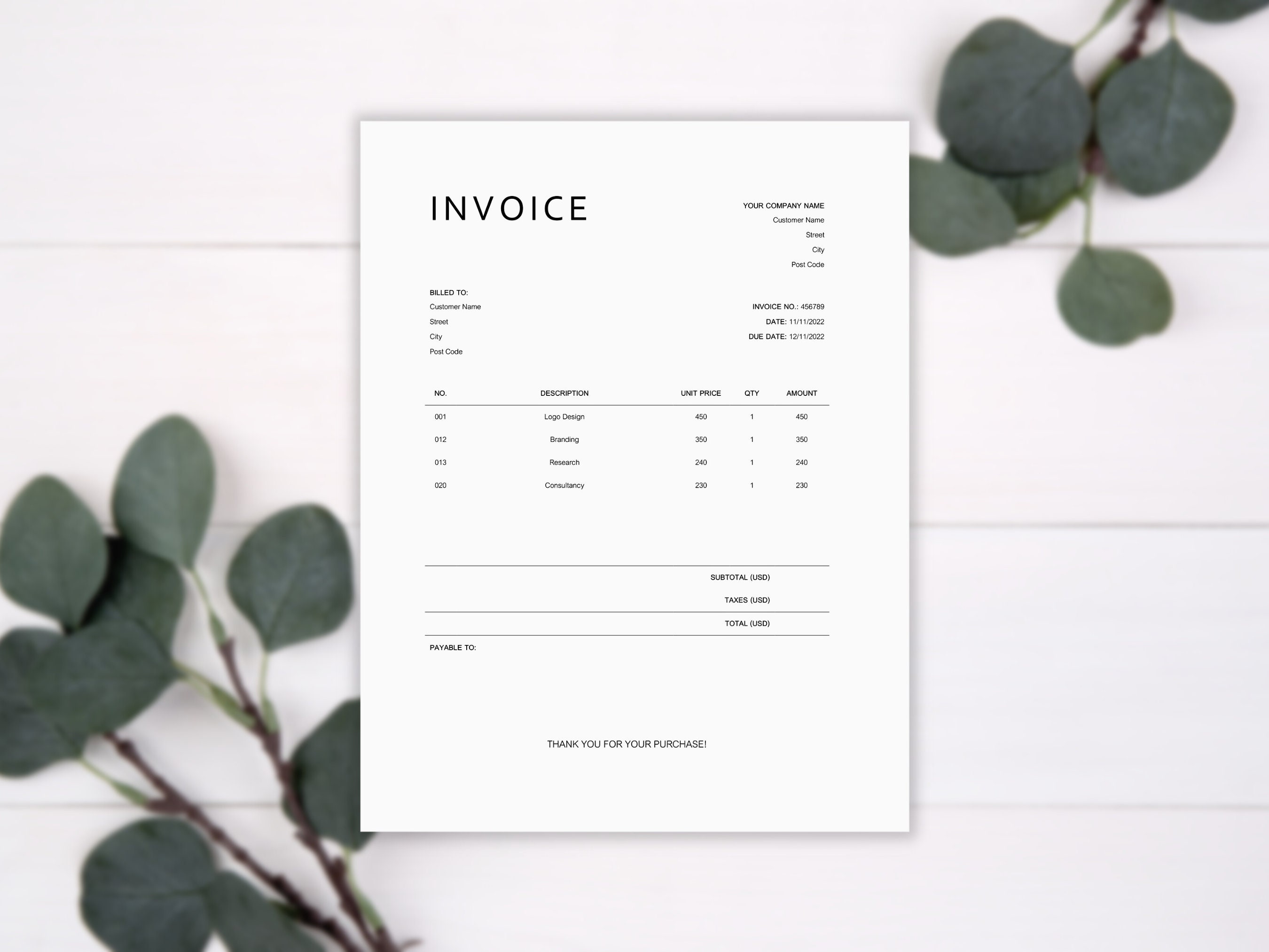 Invoice Template Printable and Digital Invoice Form PDF, Editable ...